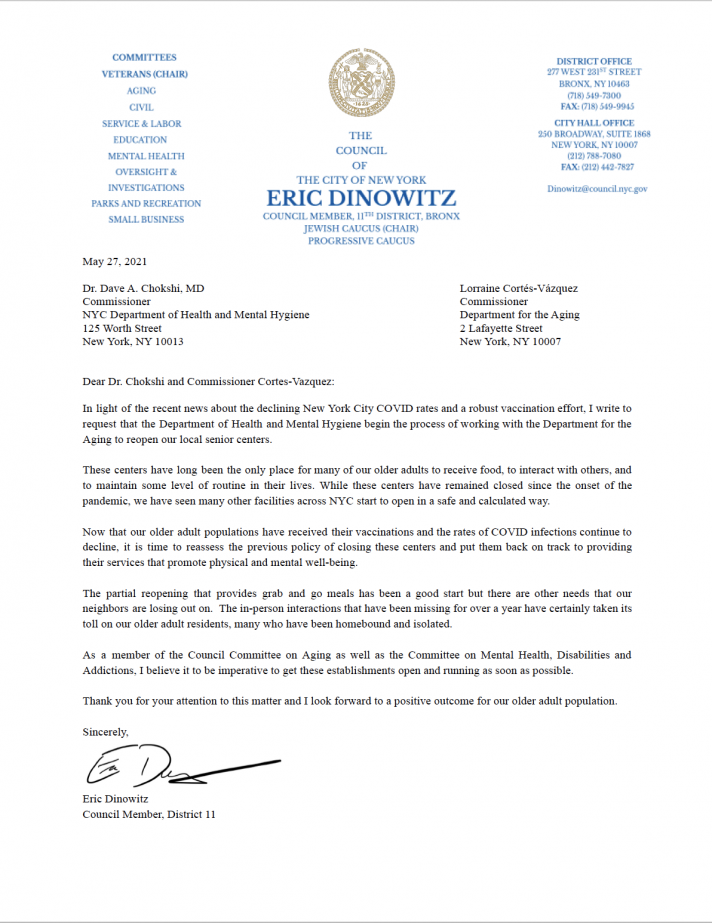 Update: Councilman Dinowitz Calls on City to Reopen Senior Centers ...